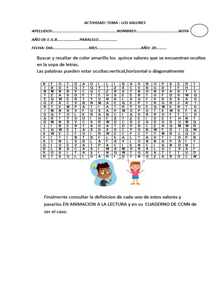 Sopa de Letras Valores 9nos-10mos Aegb | PDF