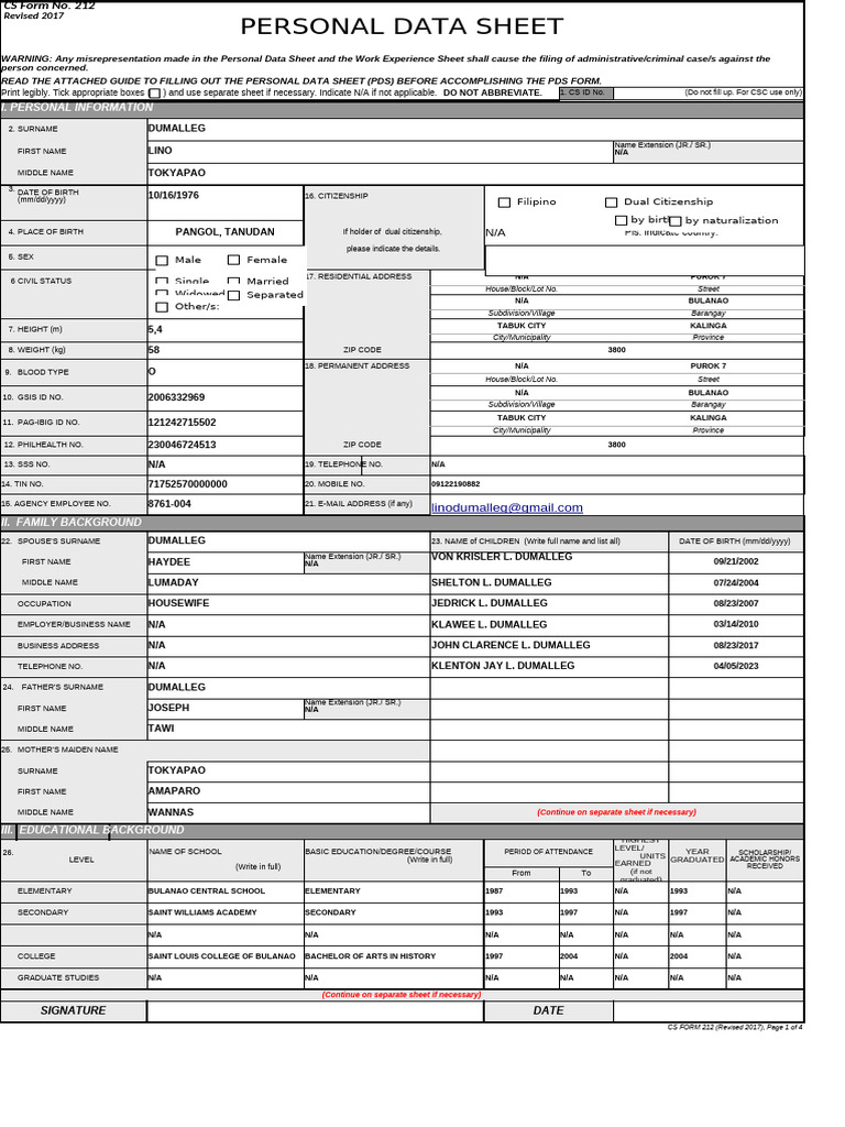 LINO DUMALLEG PDS 2024 | PDF | Employment | Government