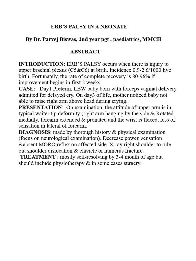 Neonatal Erb's Palsy Overview | PDF