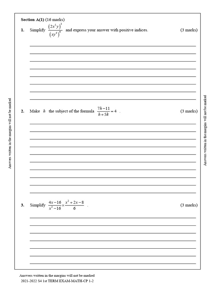 2021 2022 s4 1st Term Exam Math CP 1 | PDF | Quadratic Equation | Line (Geometry)