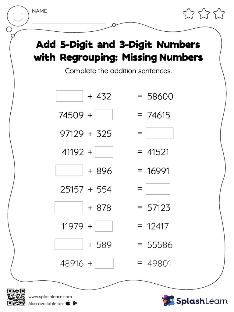 Add 5-Digit and 3-Digit Numbers With Regrouping - Missing Numbers ...