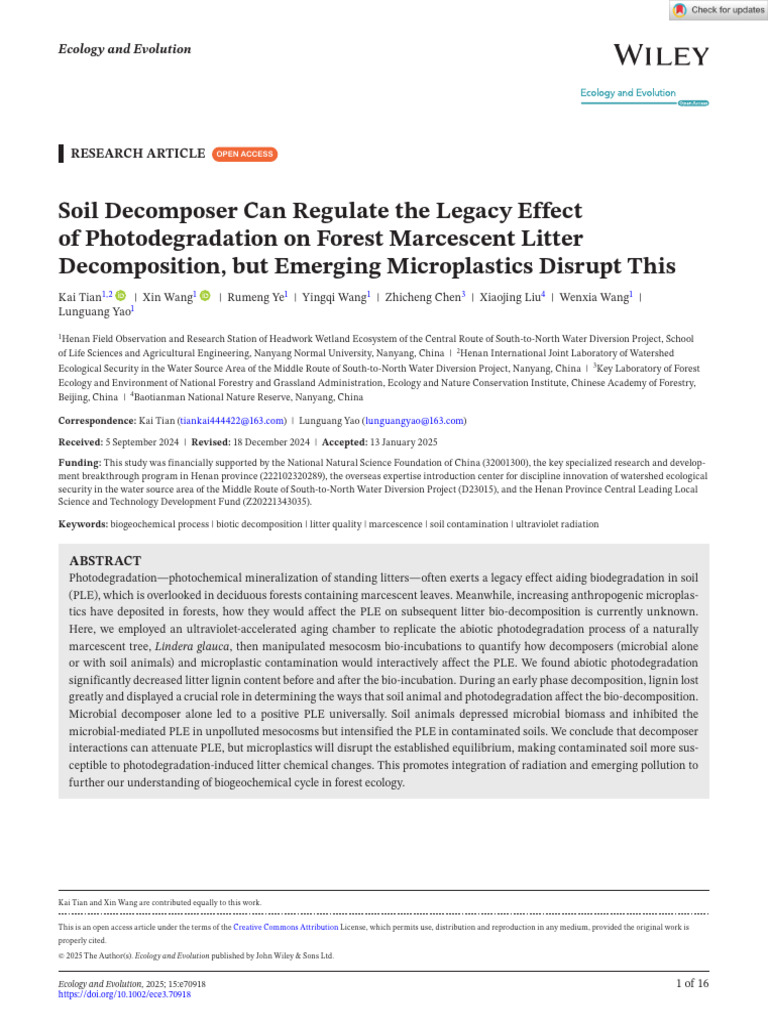 Ecology and Evolution - 2025 - Tian - Soil Decomposer Can Regulate The ...