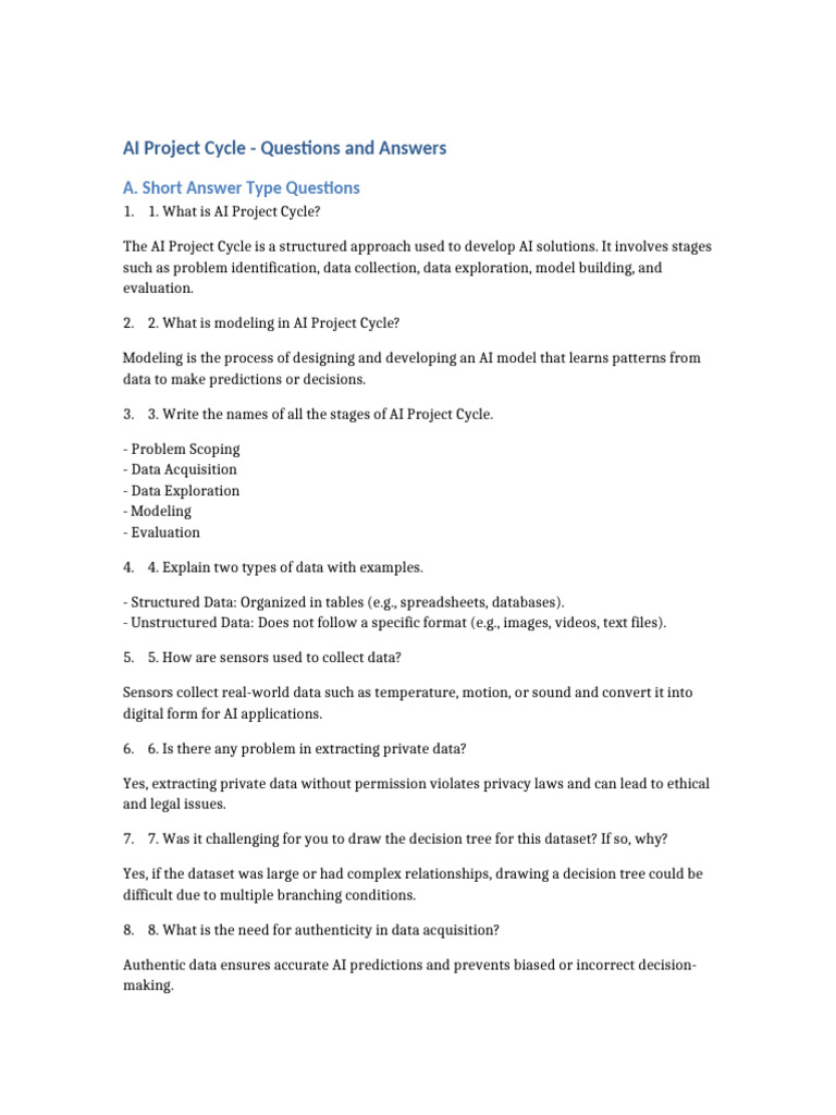 AI Project Cycle Questions Answers | PDF | Artificial Intelligence ...