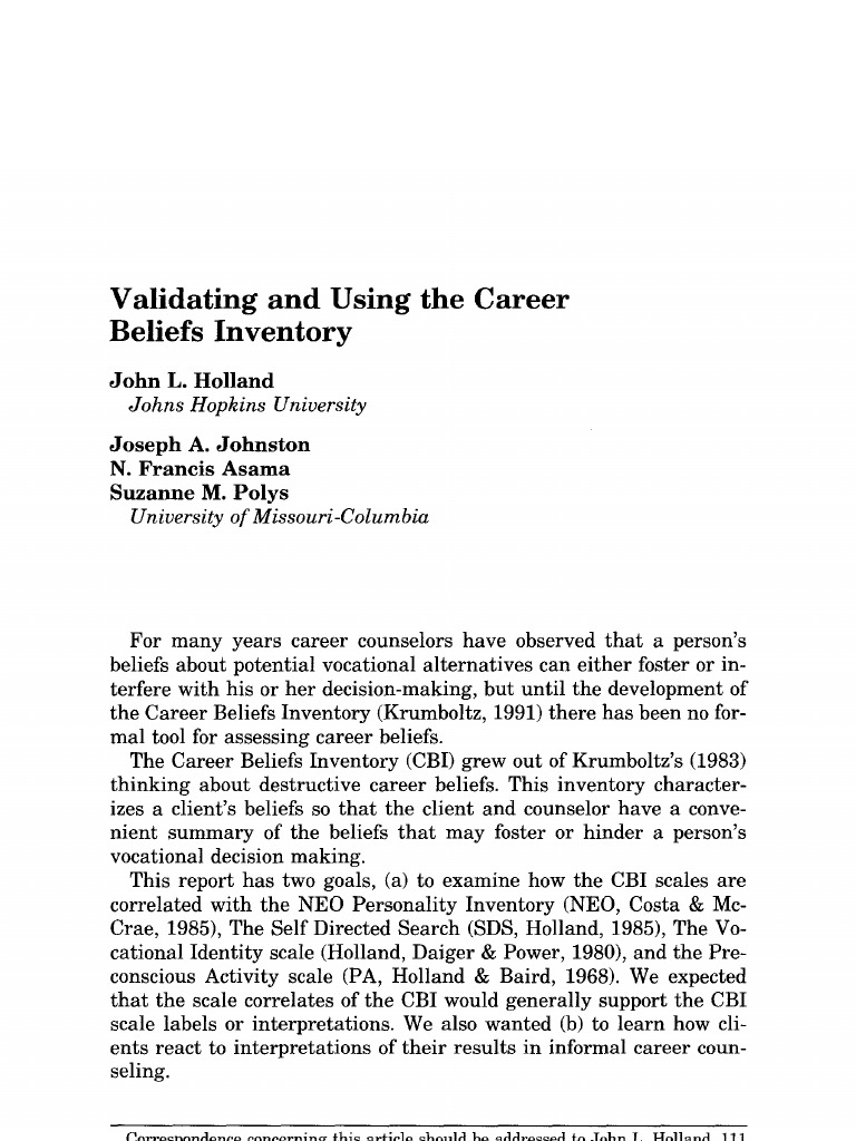 Validating and Using The Career Beliefs Inventory: Johns Hopkins ...