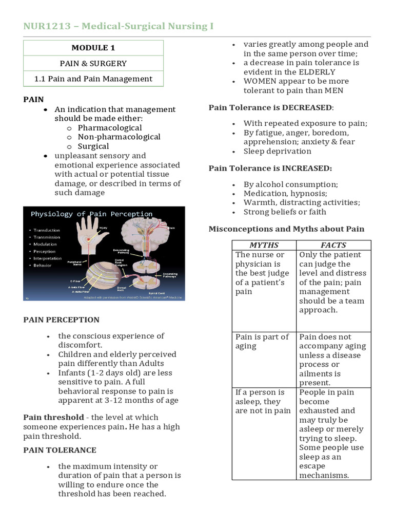NUR1213 Medical-Surgical Nursing I: Pain & Surgery 1.1 Pain and Pain ...