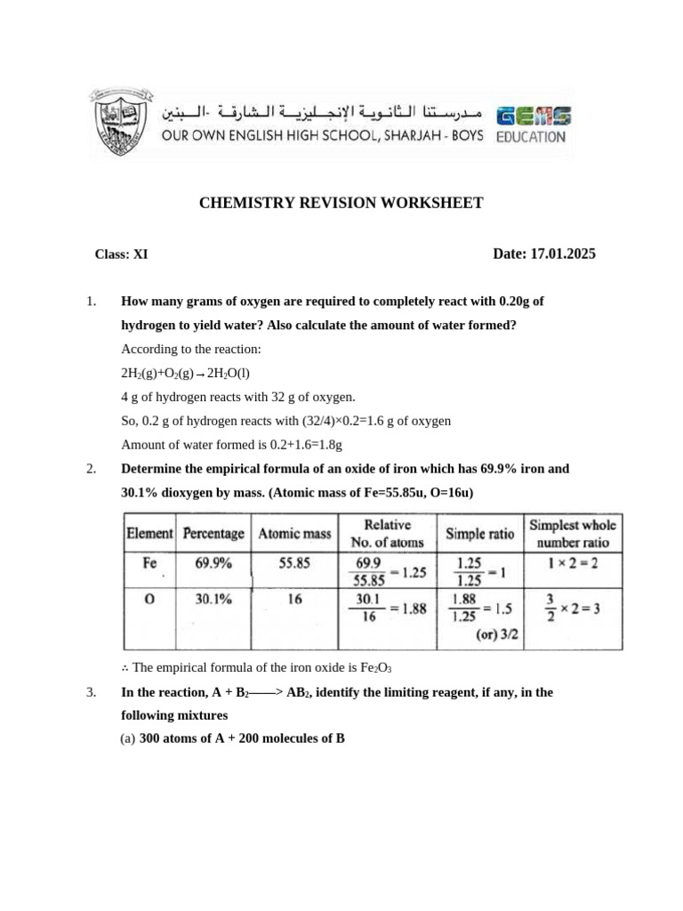 Chemistry Revision Worksheet for Class XI | PDF | Ion | Alkene