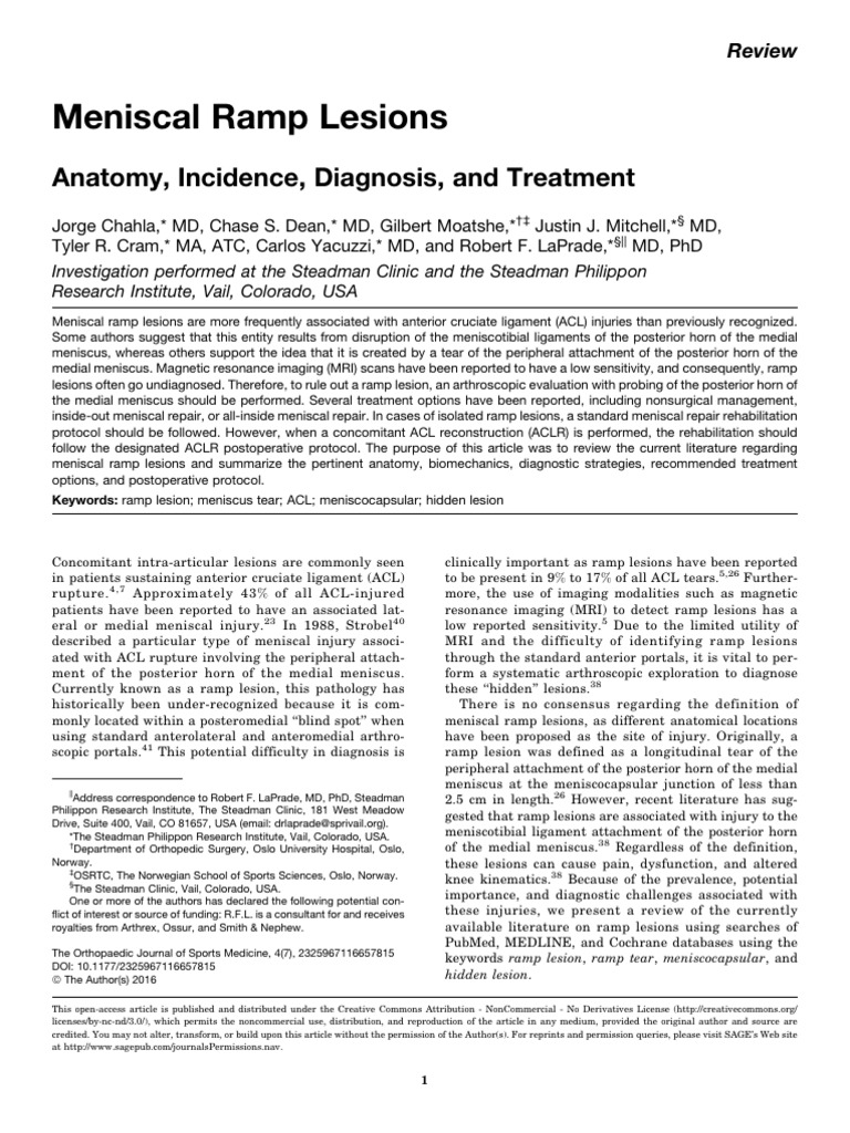 Meniscal Ramp Lesions: Anatomy, Incidence, Diagnosis, and Treatment ...