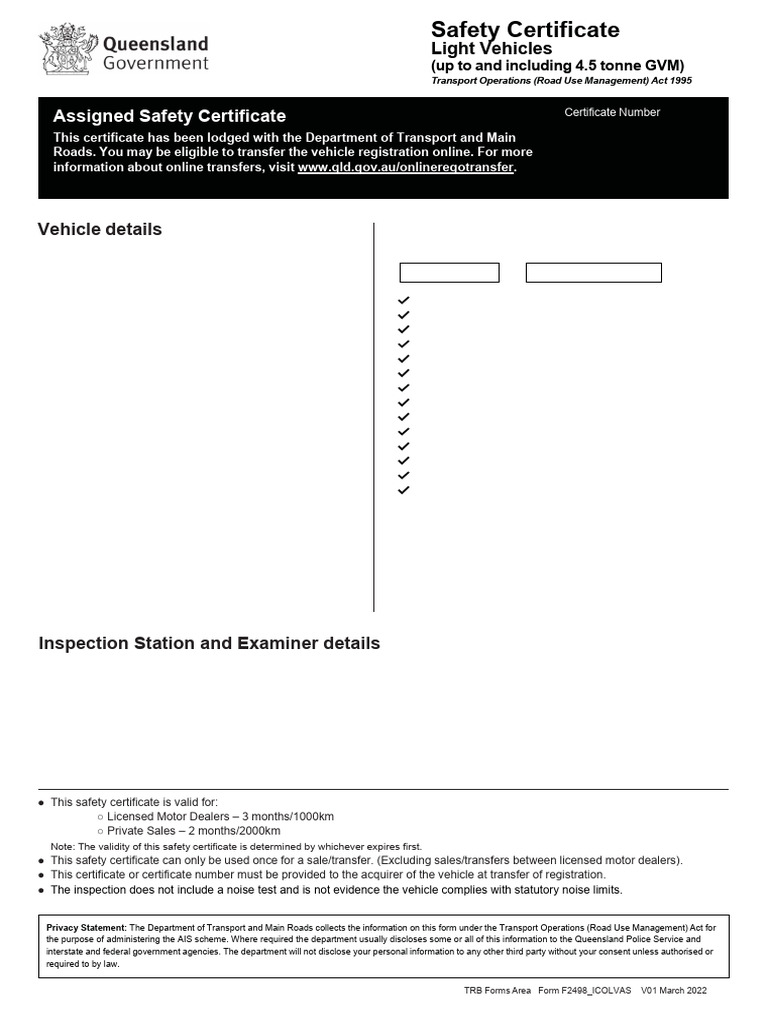 Queensland Vehicle Safety Certificate Details | PDF | Vehicles | Motor ...