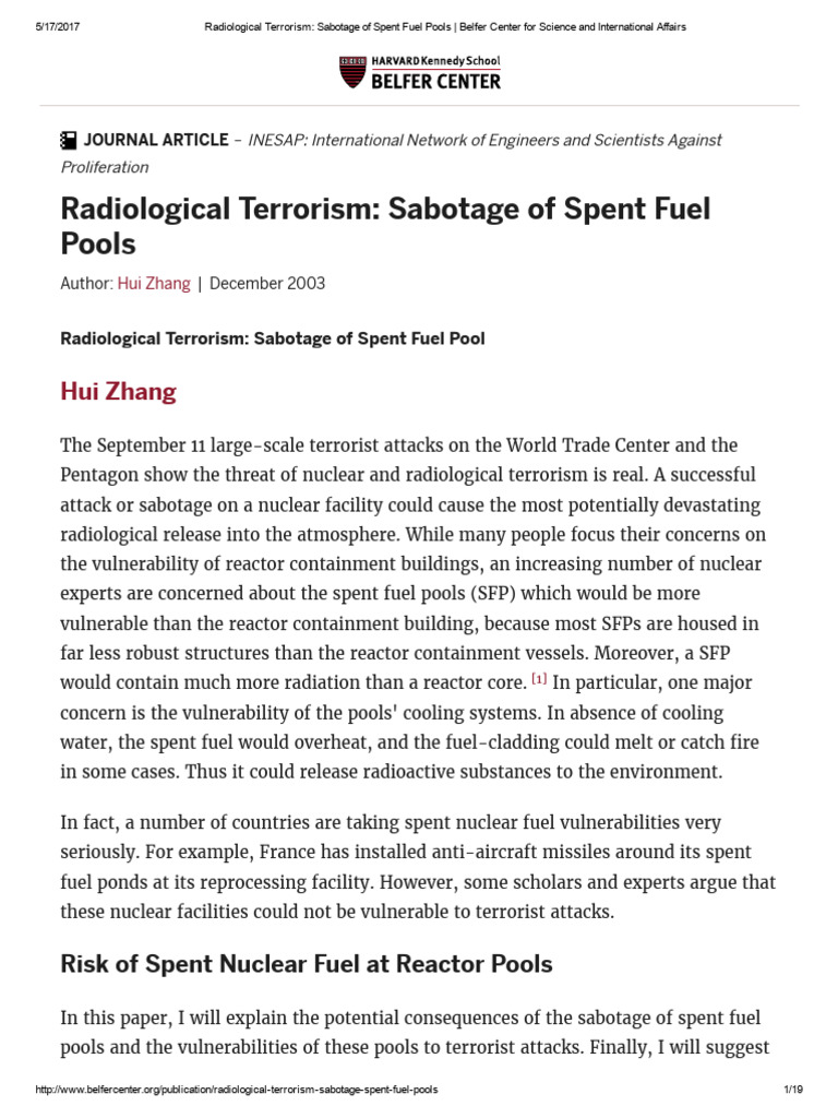 Radiological Terrorism: Fuel Pool Risks | PDF | Spent Nuclear Fuel ...