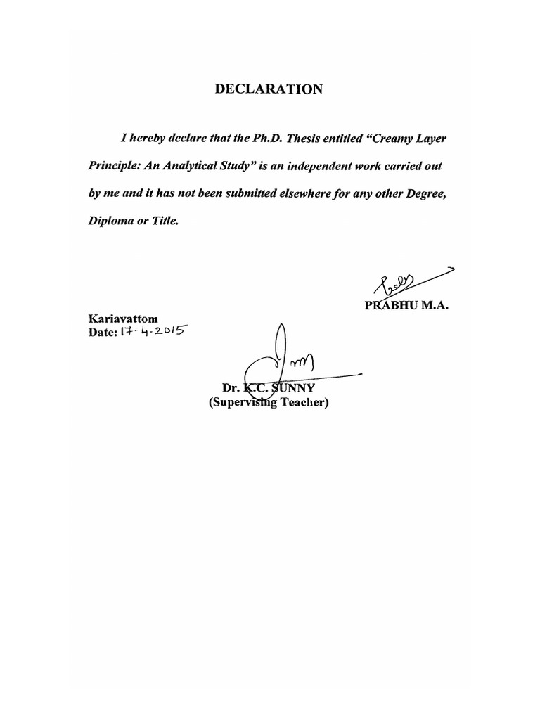 Ph.D. Thesis Declaration on Creamy Layer | PDF