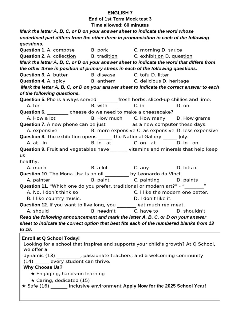 ENG7 - CK1 - Đề 3 | PDF | Alcoholic Beverages