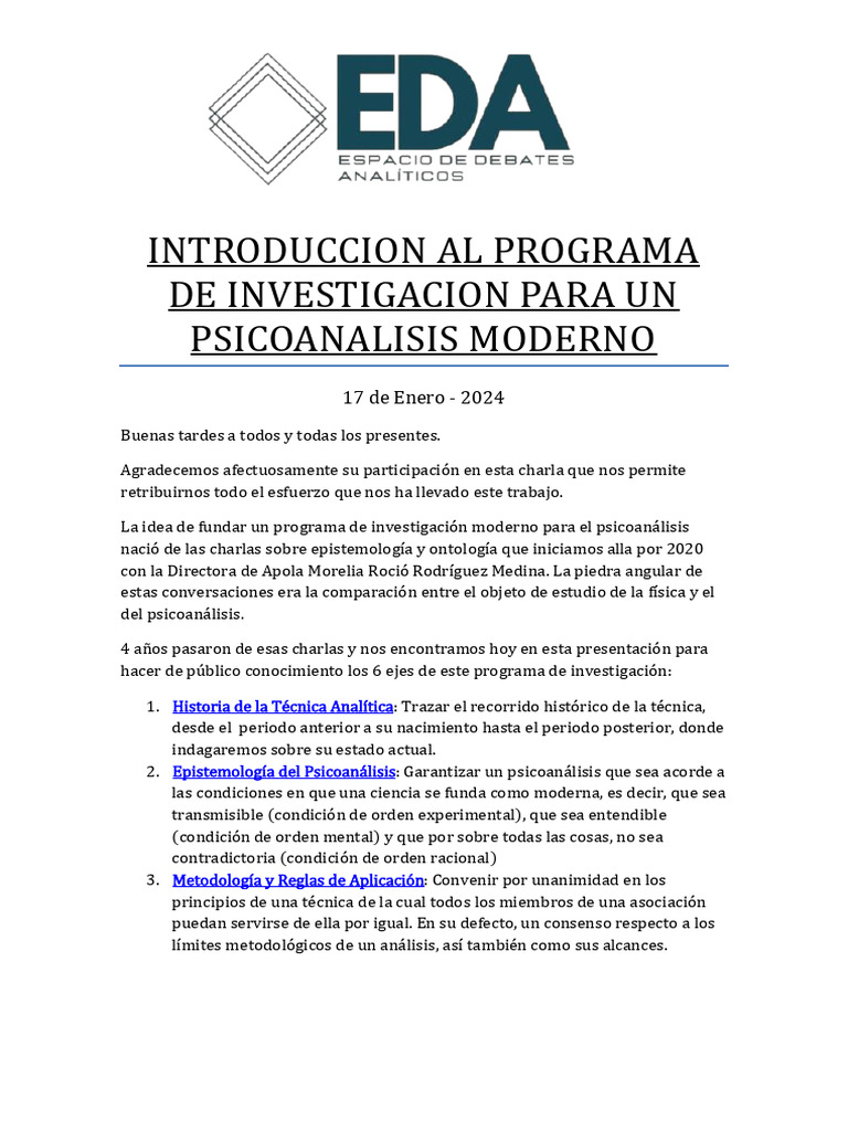 Introduccion Al Programa de Investigacion de EDA | PDF | Jacques Lacan | Experiencia