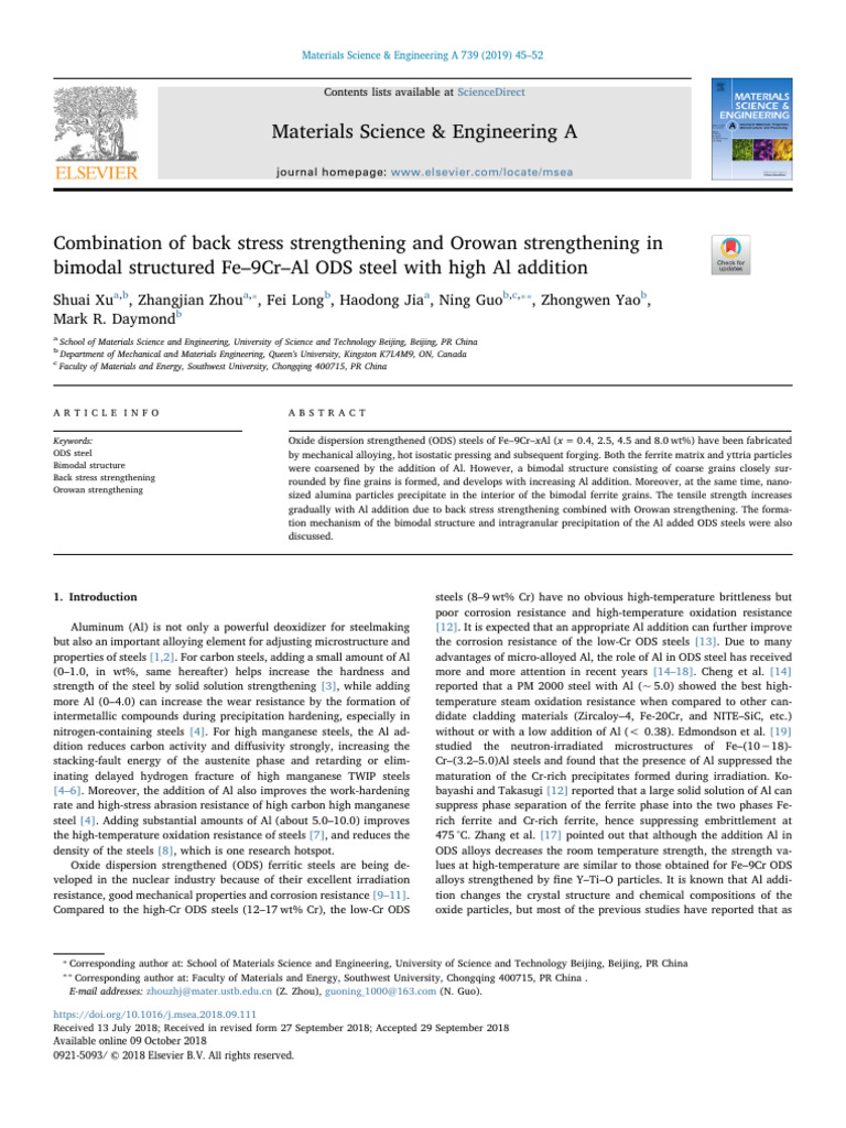 Combination of Back Stress Strengthening and Orowan Strengthening in ...