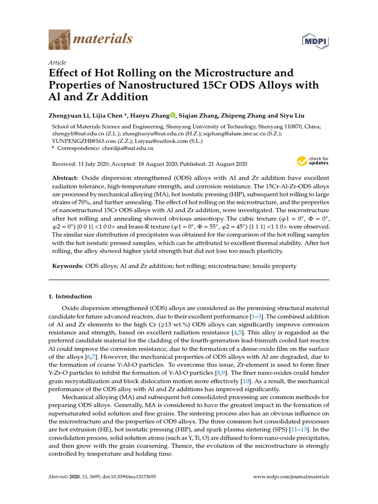 Effect of Hot Rolling On The Microstructure and Properties of Nanostructured 15Cr ODS Alloys ...