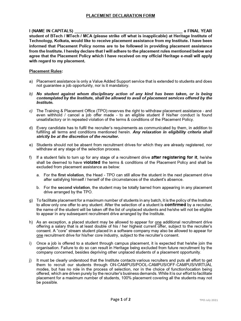 HIT Placement Declaration (Jul 2021) | PDF | Justice | Crime & Violence