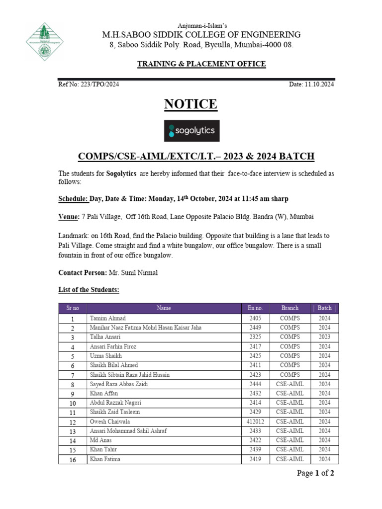Sogolytics Interview Notice for Students | PDF