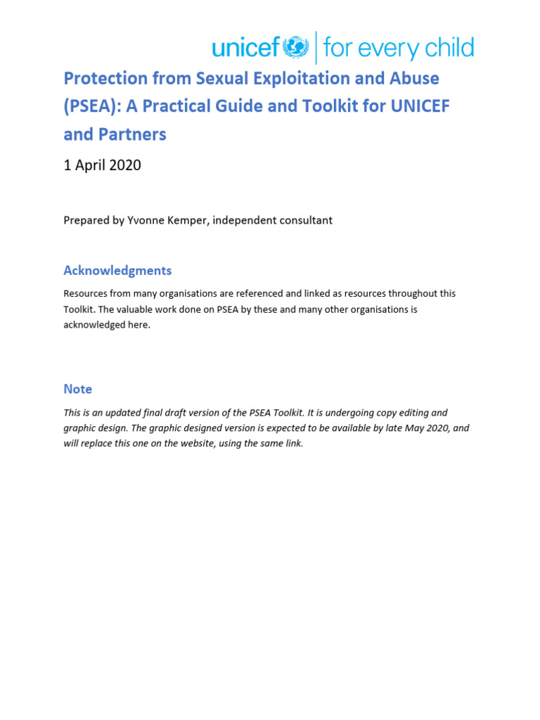 PSEA Toolkit for UNICEF and Partners | PDF | Policy | Unicef