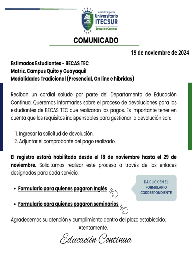 Comunicado Proceso de Devolución de Valores BECARIOS TEC - Matriz y Campus Quito y Guayaquil. | PDF