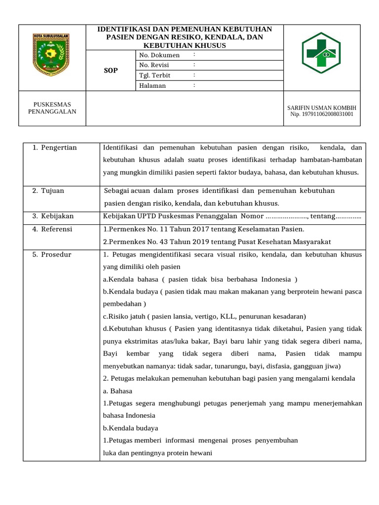 SOP Identifikasi Dan Pemenuhan Kebutuhan Pasien Dengan Resiko, Kendala, Dan Kebutuhan Khusus | PDF