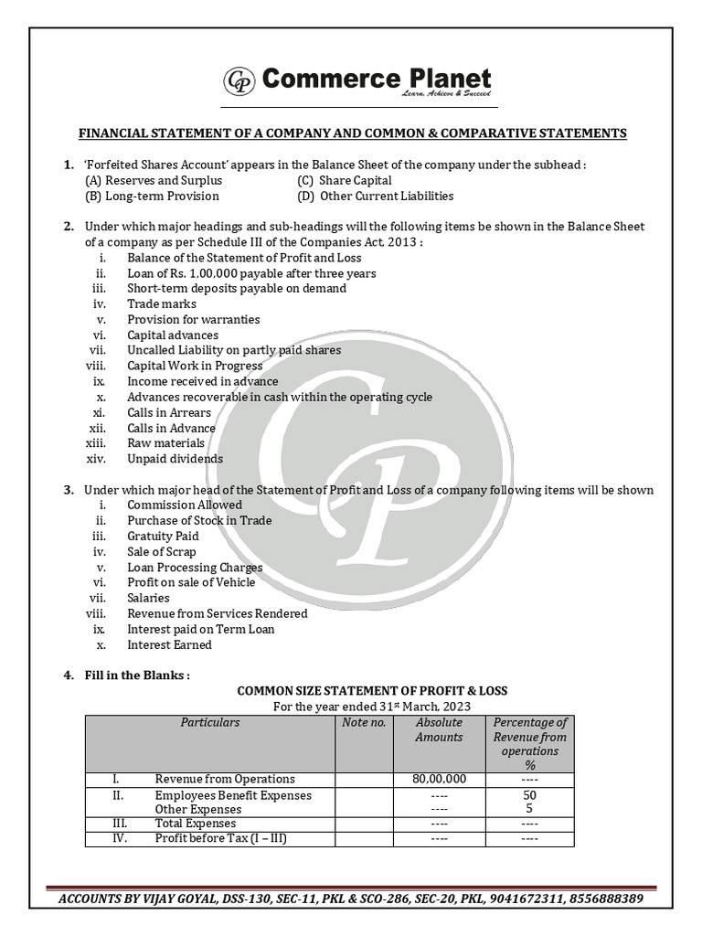Worksheet of Financial statement of a company and common & comparative statements | PDF ...