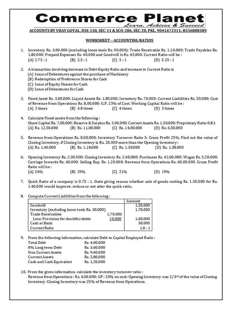Home Worksheet of Accounting Ratio | PDF | Equity (Finance) | Balance Sheet