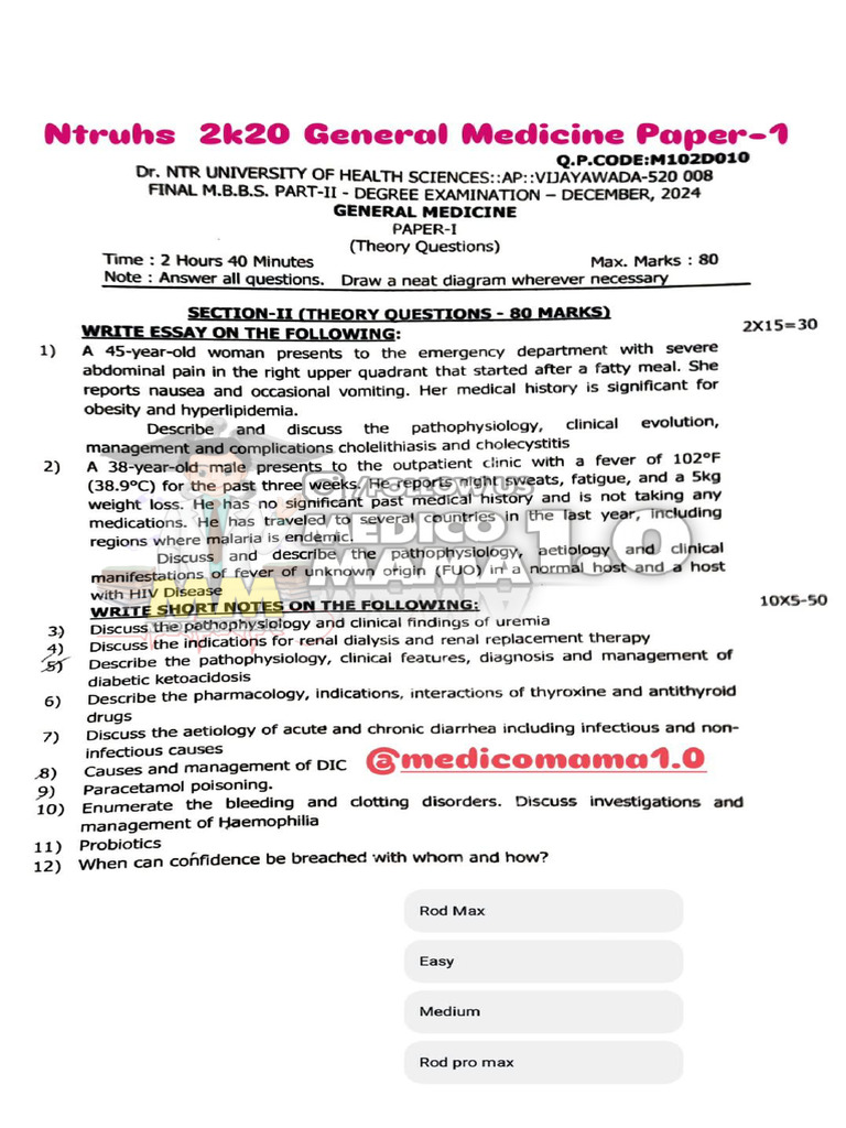 Ntruhs 2K20 Final Yr Question Papers MM1.0 | PDF | Breast Cancer | Back Pain