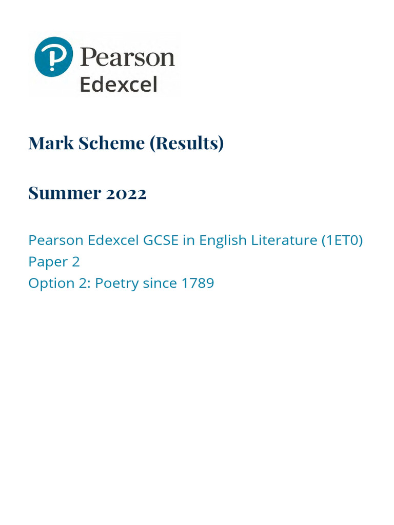 June 2022 MS - Paper 2P Edexcel English Literature GCSE | PDF | Poetry