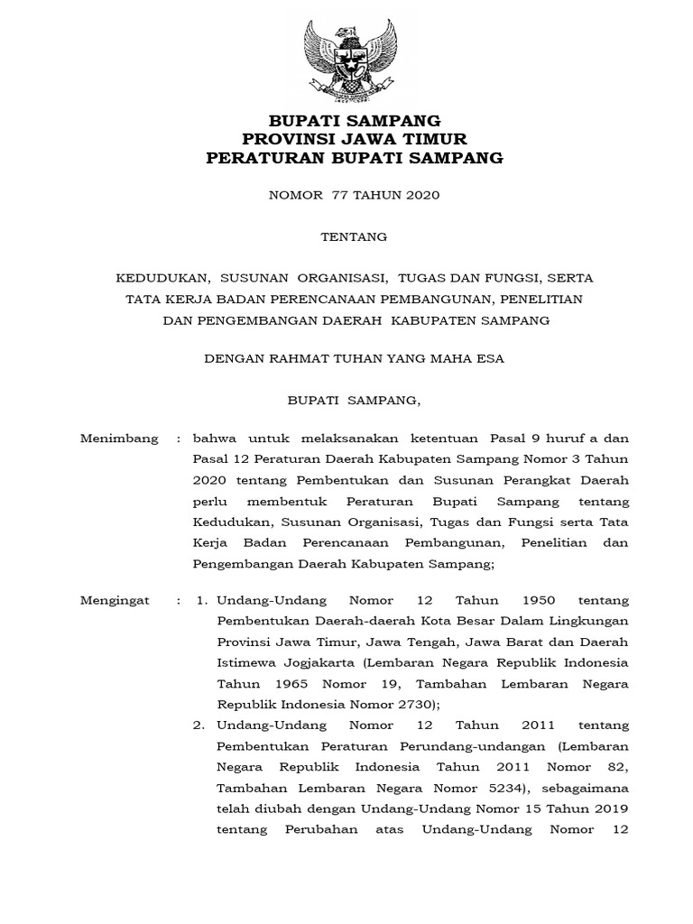 Perbup No 77 Tahun 2020 Tentang Sotk Bappelitbangd | PDF
