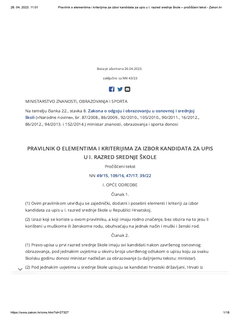 Pravilnik o Elementima i Kriterijima Za Izbor Kandidata Za Upis u I. Razred Srednje Skole | PDF