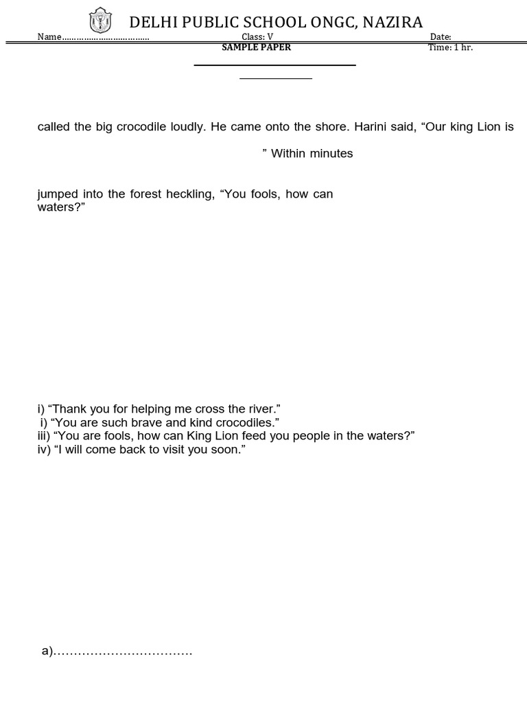 Class 5 Admission Test Sample Paper | PDF