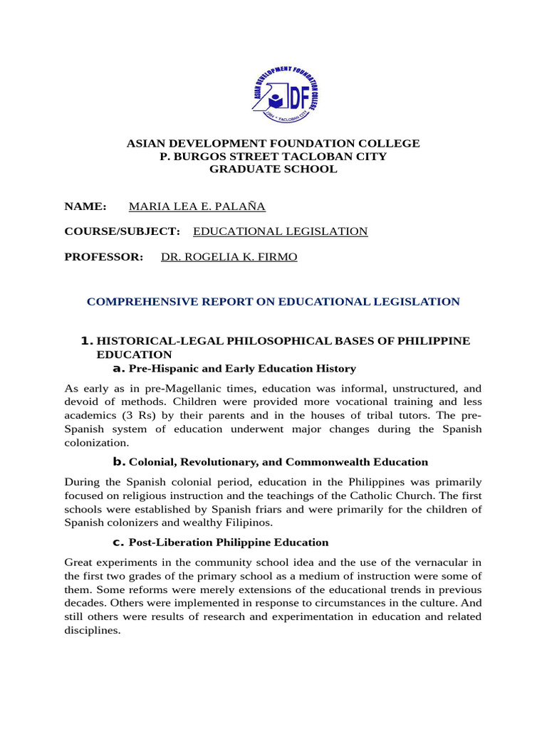 Final - Comprehensive Report On Educational Legislation | PDF ...