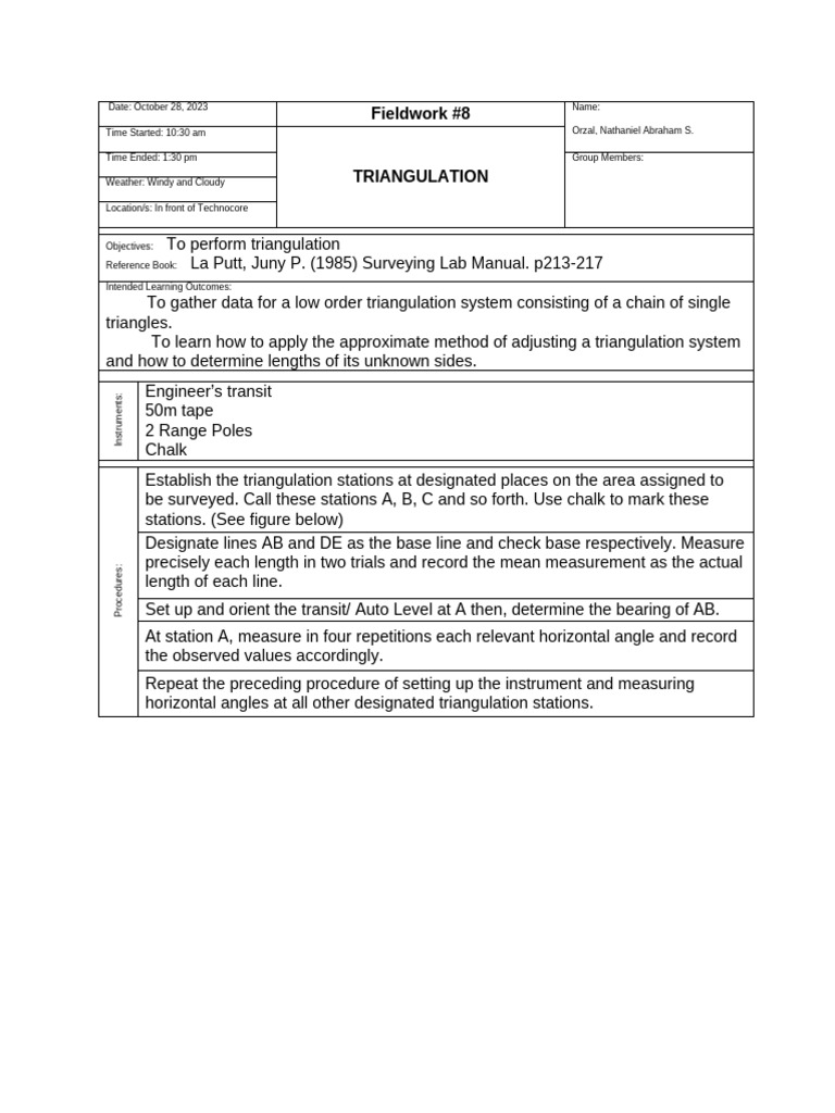 Surveying - Fieldwork 8 - Triangulation | PDF | Surveying | Geometric ...