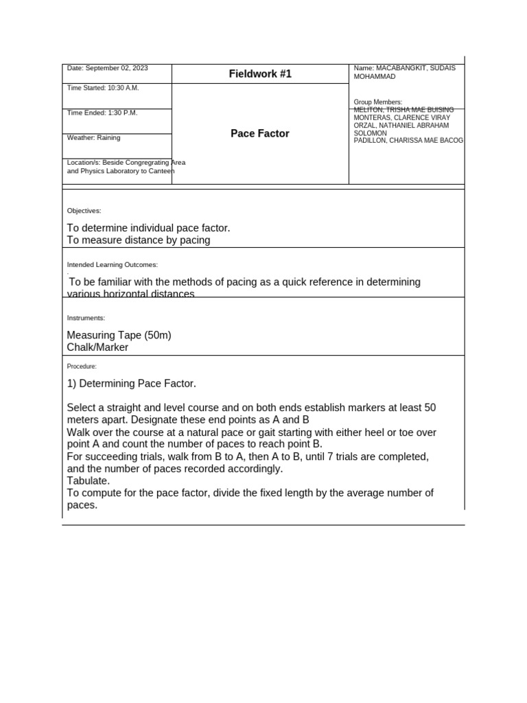 Surveying Fieldwork 1 Pace Factor | PDF