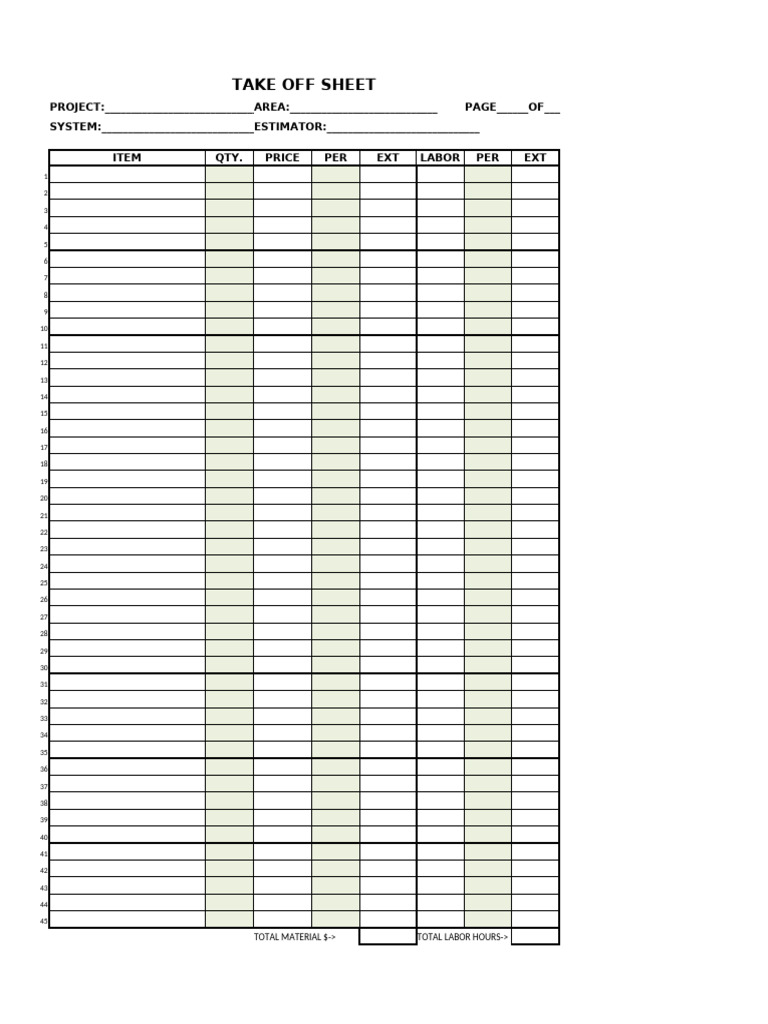 Estimating Takeoff Sheet Exercise File | PDF