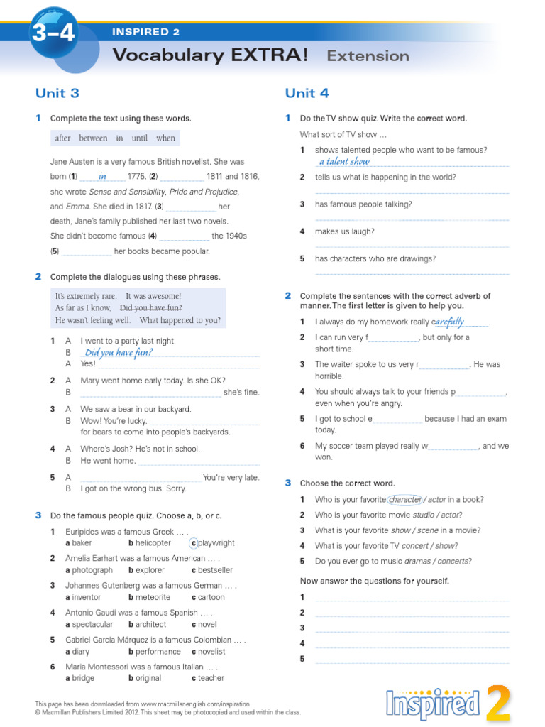Vocabulary-EXTRA Inspired 2 Units 3-4 Extension | PDF | Emma (Novel ...