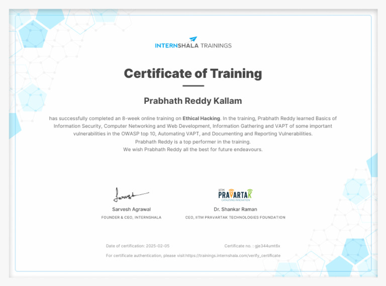 Ethical Hacking Training - Certificate of Completion | PDF