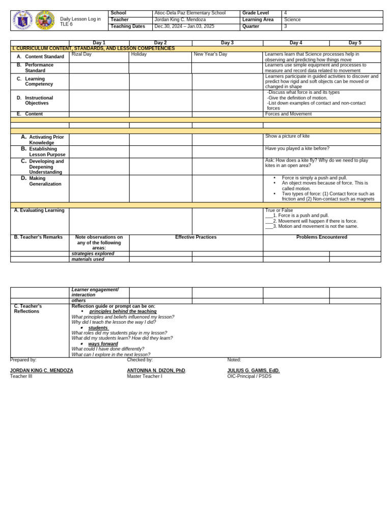 01 DLL3 Sci4 Jan02 To Jan03 2025 | PDF | Force | Learning
