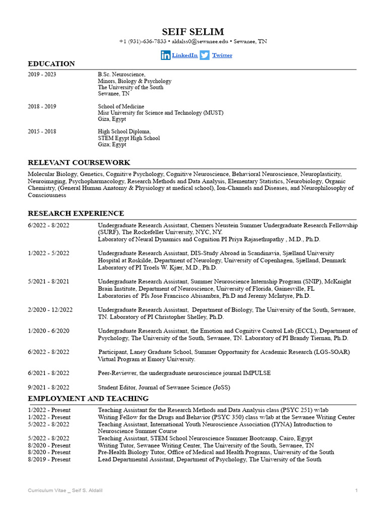 Curriculum Vitae _ Seif Selim.docx (7) | PDF | Neuroscience | Long Term ...