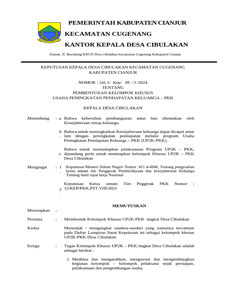 Pembentukan Kelompok Khusus UP2K-PKK | PDF