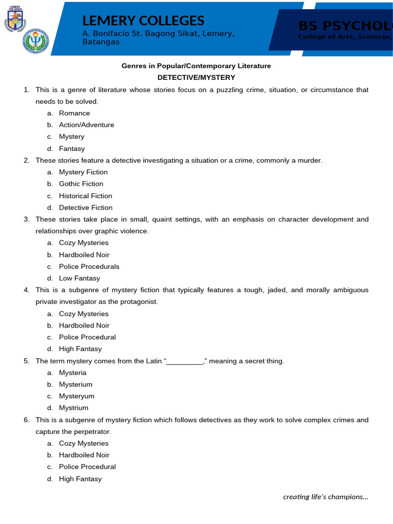 Midterm Exam Questions Detective Mystery | PDF | Mystery Fiction ...