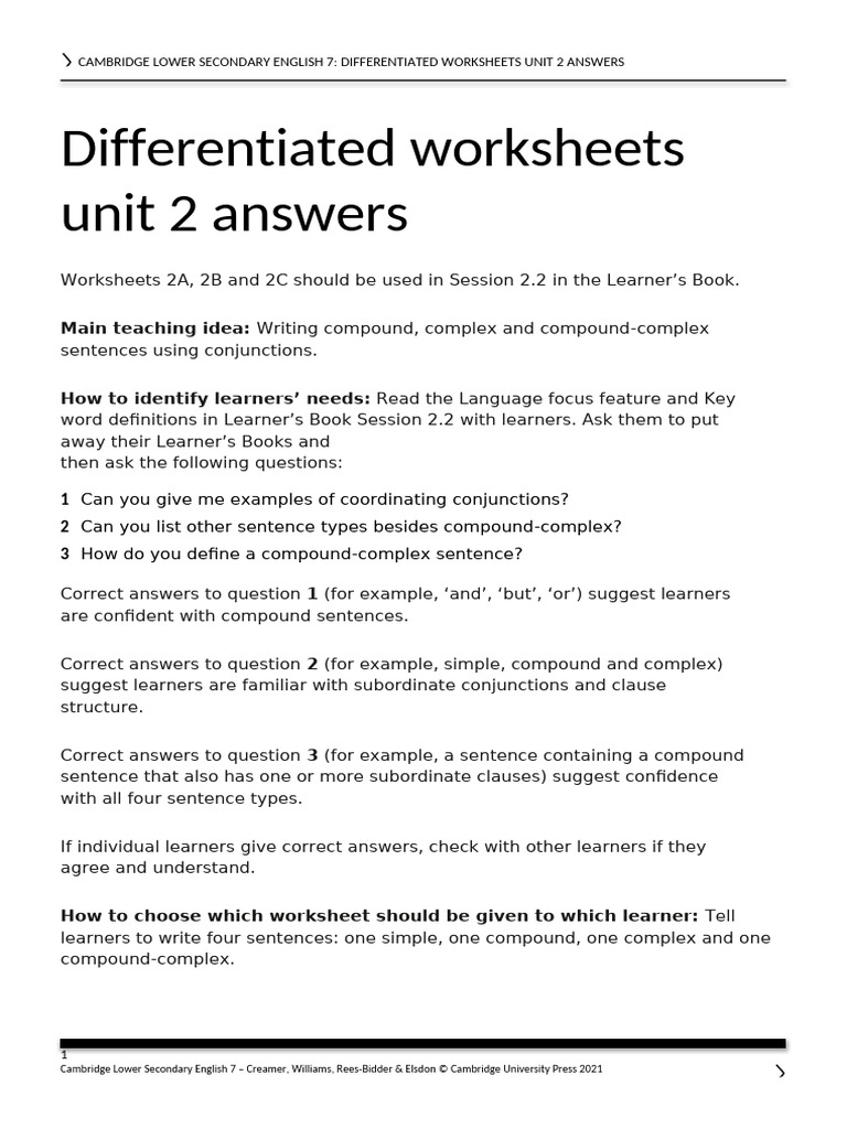 Unit 2 Answers for English 7 Worksheets | PDF | Sentence (Linguistics ...
