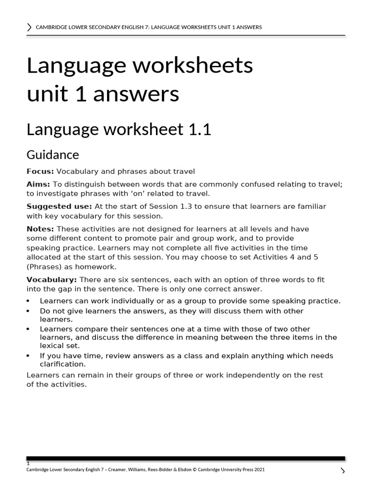 LS English 7 U1 Lang Worksheets Answers | PDF | English Language | Clause