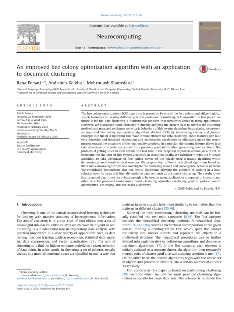 2015 Elsevier An Improved Bee Colony Optimization Algorithm With An Application To Document ...