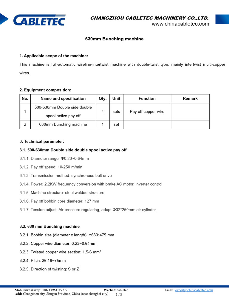 630mm Bunching Machine Specifications | PDF | Wire | Belt (Mechanical)