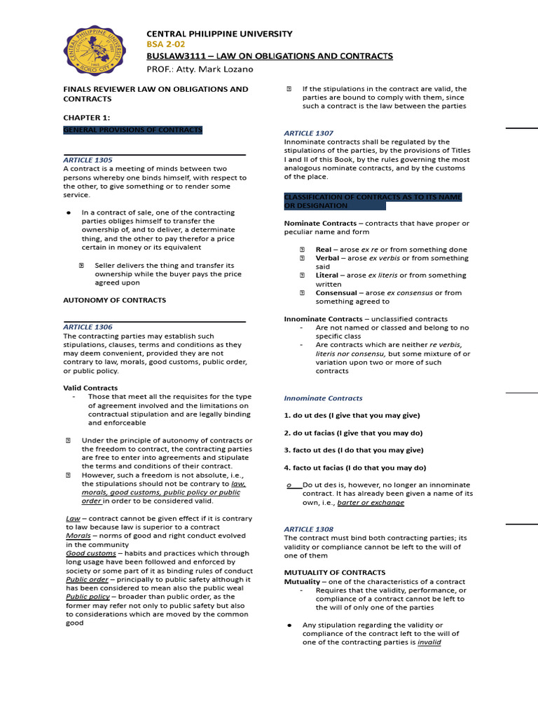 Oblicon Finals Reviewer | PDF | Offer And Acceptance | Consent