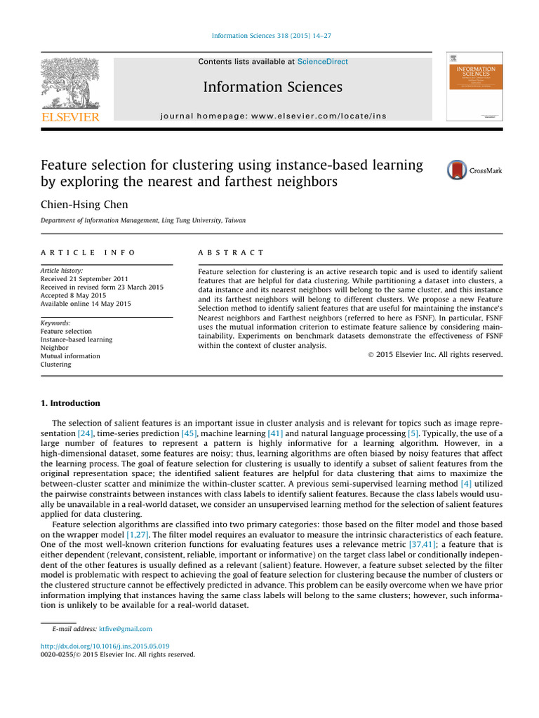 2015 Elsevier Feature Selection For Clustering Using Instance Based Learning by Exploring The ...