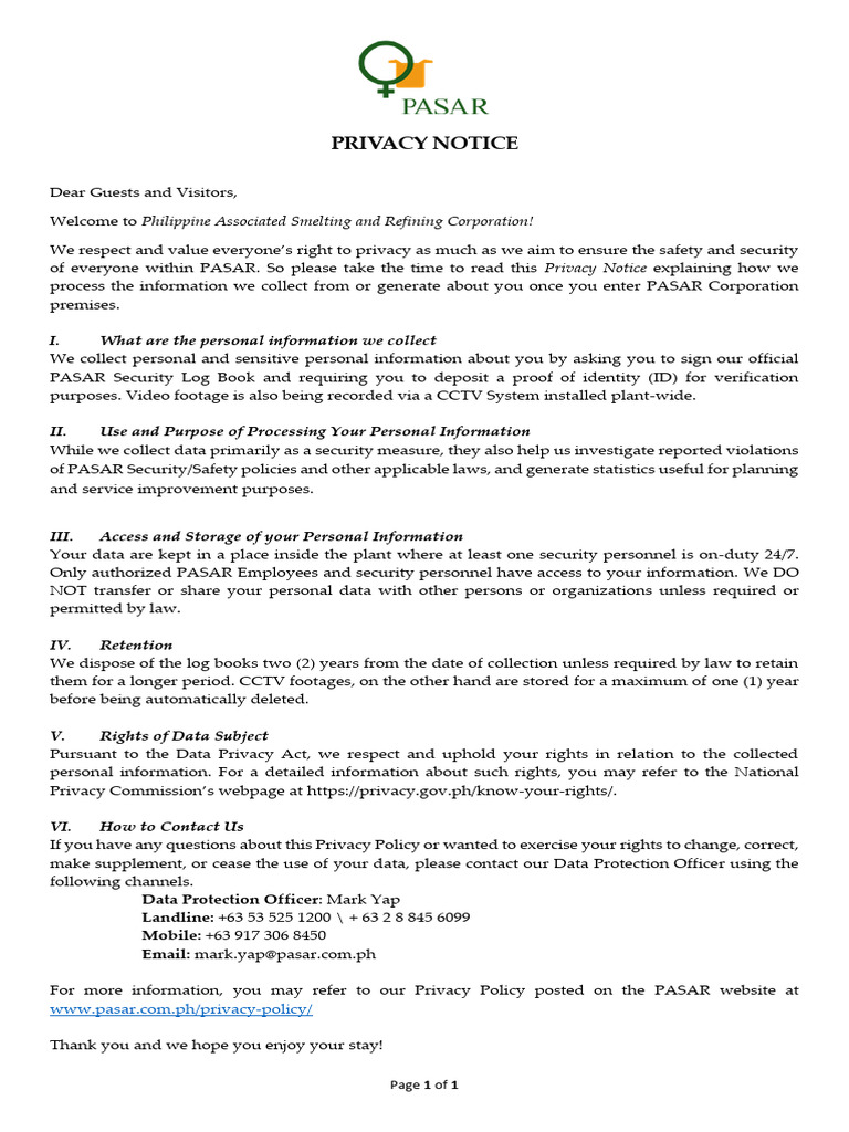 PASAR Privacy Notice for Visitors | PDF | Privacy | Information Privacy