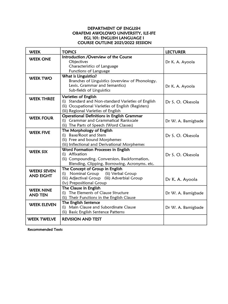 EGL 101 Course Outline: English Language | PDF | English Language | Word