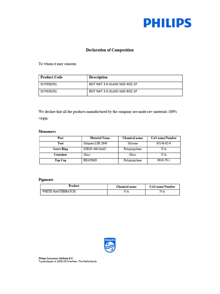 Declaration of Composition - Glass - 16 Jan 2023 | PDF