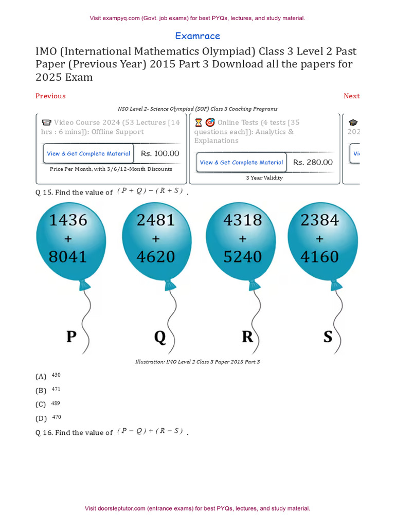 IMO Level 2 Class 3 Paper 2015 | PDF